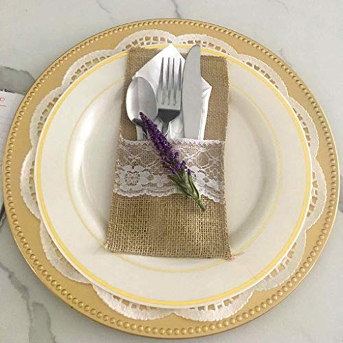 Ranen 75Pcs Burlap Lace Cutlery Pouch Rustic Wedding Knife Fork Holder Bag Hessian Table Decoration Accessories