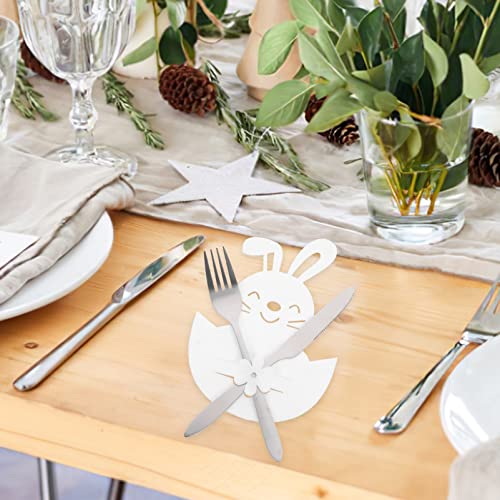 Didiseaon 8Pcs Rabbit Cutlery Bags Holders Easter Bunny Tableware Bags Rabbit Silverware Holders Bags Easter Dinner Table Decorations (White)