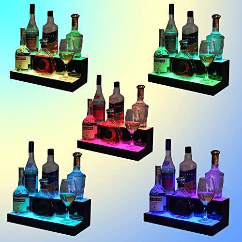 LED Liquor Bottle Display Shelf, Wireless Remote & App Control, 16 Inch 2 Step Illuminated Bar Bottle Lighting Shelves Bar Accessories for Home Bar Party Restaurant Decor