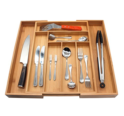 MH ZONE Flatware Organizer Bamboo Expandable Utensil Organizer Drawer Organizer without Knife Block