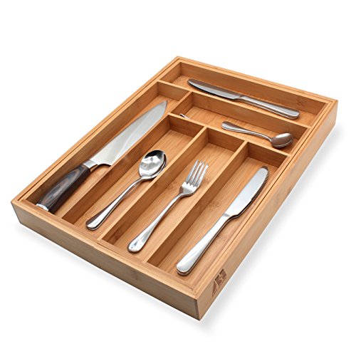 MH ZONE Flatware Organizer Bamboo Expandable Utensil Organizer Drawer Organizer without Knife Block