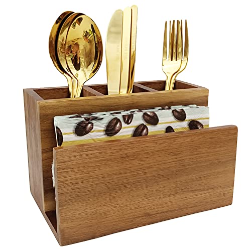 NelyBet Sliverware Holder, Utensil and Napkin Holder for Party, Woonden Siverware caddy Flatware Organizer with 3 compartments Holder for countertop Kitchen 7.7” x 5 ” x 5”H