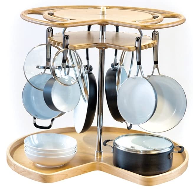 Wood Kidney Shape Swiveling Lazy Susan Hooks Pots and Pans Organizer with 7 Metal for Corner Base Cabinet (28" Diameter)