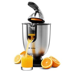 eurolux electric citrus juicer squeezer, for orange, lemon, grapefruit, stainless steel 160 watts of power soft grip handle and cone lid for easy use (elcj-1700s)