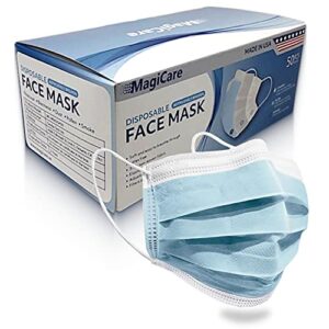 magicare made in usa masks – blue disposable face masks – medical grade (astm level 1) – premium 3 ply face masks disposable made in usa – comfortable, soft, breathable face mask for adults – face mask american made, 50ct box