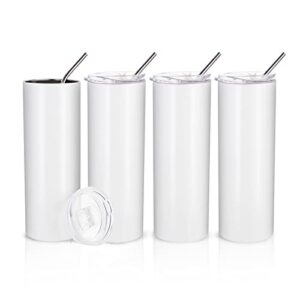 pyd life sublimation blanks skinny tumbler white 20 oz straight stainless steel tumbler with metal straw for mug tumbler heat press machine sublimation printing 4 pack