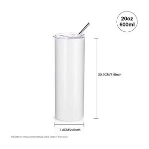 PYD Life Sublimation Blanks Skinny Tumbler White 20 OZ Straight Stainless Steel Tumbler with Metal Straw for Mug Tumbler Heat Press Machine Sublimation Printing 4 Pack