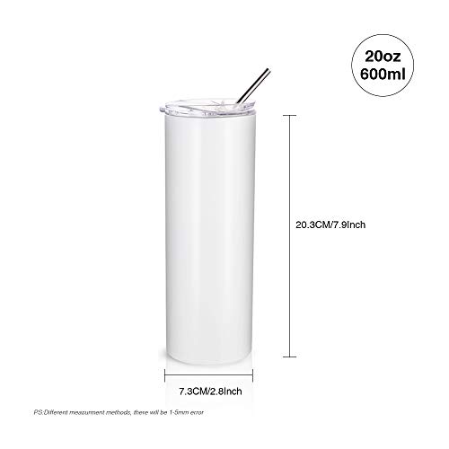 PYD Life Sublimation Blanks Skinny Tumbler White 20 OZ Straight Stainless Steel Tumbler with Metal Straw for Mug Tumbler Heat Press Machine Sublimation Printing 4 Pack