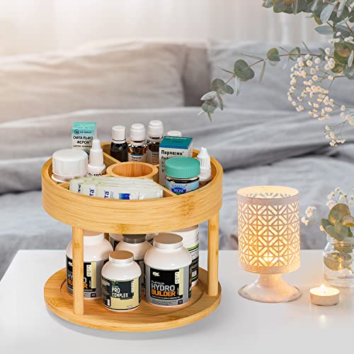 2 Tier Lazy Susan Spice Organizer - Bamboo Wooden Two Tier Lazy Susan Turntable with 4 DIY Partition Board 9.8 inch for Cabinet