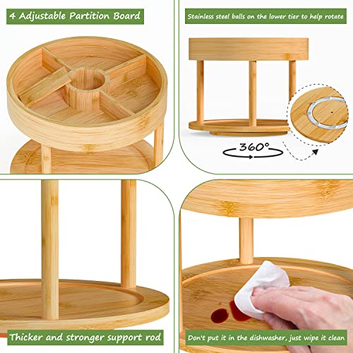 2 Tier Lazy Susan Spice Organizer - Bamboo Wooden Two Tier Lazy Susan Turntable with 4 DIY Partition Board 9.8 inch for Cabinet