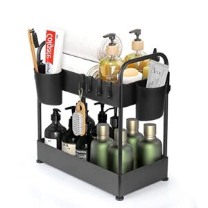 vigind under sink organizer,multi-purpose under sink shelf organizer for bathroom kitchen,2 tier kitchen countertop organizer with 6 hooks 2 hanging cups 2 handles and anti-foot,save space,black