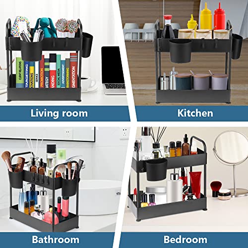 VIGIND Under Sink Organizer,Multi-purpose Under Sink Shelf Organizer for Bathroom Kitchen,2 Tier Kitchen Countertop Organizer with 6 Hooks 2 Hanging Cups 2 Handles and Anti-Foot,Save Space,Black