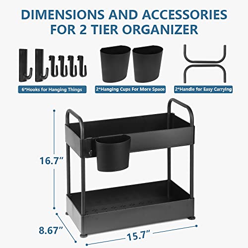 VIGIND Under Sink Organizer,Multi-purpose Under Sink Shelf Organizer for Bathroom Kitchen,2 Tier Kitchen Countertop Organizer with 6 Hooks 2 Hanging Cups 2 Handles and Anti-Foot,Save Space,Black