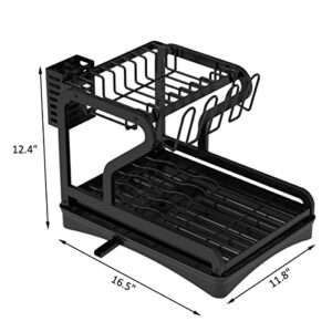 IN VACUUM Dish Drying Rack with Drainboard, 2 Tier Dish Drying Rack with Drainage, Black Kitchen Dish Drying Rack with Cup Holder, Utensil Holder, Dish Drainers for Kitchen Counter