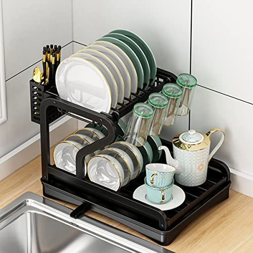 IN VACUUM Dish Drying Rack with Drainboard, 2 Tier Dish Drying Rack with Drainage, Black Kitchen Dish Drying Rack with Cup Holder, Utensil Holder, Dish Drainers for Kitchen Counter