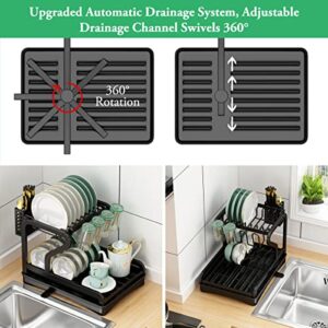 IN VACUUM Dish Drying Rack with Drainboard, 2 Tier Dish Drying Rack with Drainage, Black Kitchen Dish Drying Rack with Cup Holder, Utensil Holder, Dish Drainers for Kitchen Counter