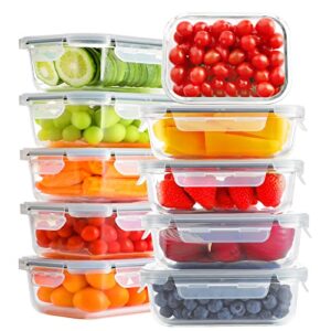 homberking 10 pack glass meal prep containers, glass food storage containers with lids, airtight glass lunch bento boxes, bpa-free & leak proof (10 lids & 10 containers)