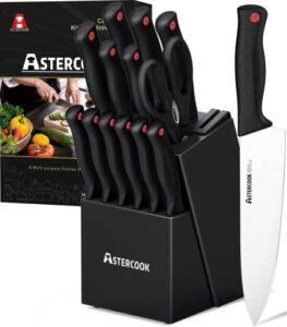 astercook knife set with built-in sharpener block, dishwasher safe kitchen knife set with block, 14 pcs high carbon stainless steel block knife set with self sharpening and 6 steak knives, black