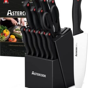 Astercook Knife Set with Built-in Sharpener Block, Dishwasher Safe Kitchen Knife Set with Block, 14 Pcs High Carbon Stainless Steel Block Knife Set with Self Sharpening and 6 Steak Knives, Black