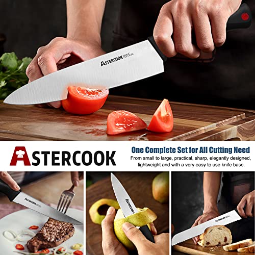 Astercook Knife Set with Built-in Sharpener Block, Dishwasher Safe Kitchen Knife Set with Block, 14 Pcs High Carbon Stainless Steel Block Knife Set with Self Sharpening and 6 Steak Knives, Black