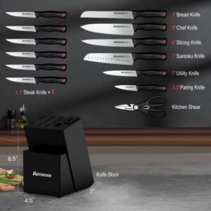 Astercook Knife Set with Built-in Sharpener Block, Dishwasher Safe Kitchen Knife Set with Block, 14 Pcs High Carbon Stainless Steel Block Knife Set with Self Sharpening and 6 Steak Knives, Black