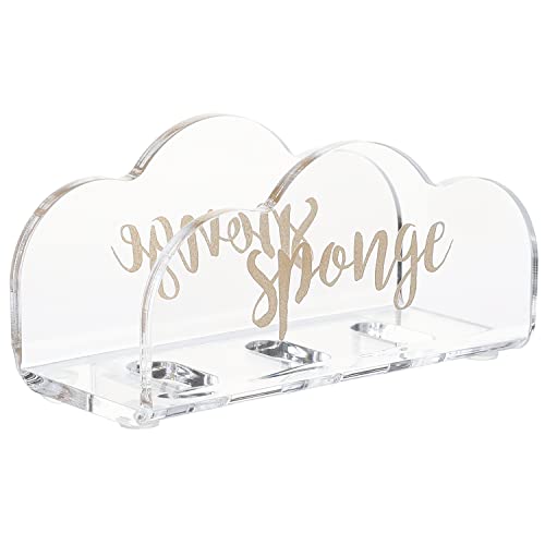 MyGift Decorative Clear Acrylic Kitchen Sink Sponge Holder with Draining Holes and Gold Curvie SPONGE Wording Design