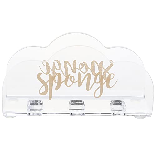 MyGift Decorative Clear Acrylic Kitchen Sink Sponge Holder with Draining Holes and Gold Curvie SPONGE Wording Design