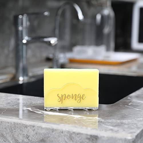 MyGift Decorative Clear Acrylic Kitchen Sink Sponge Holder with Draining Holes and Gold Curvie SPONGE Wording Design