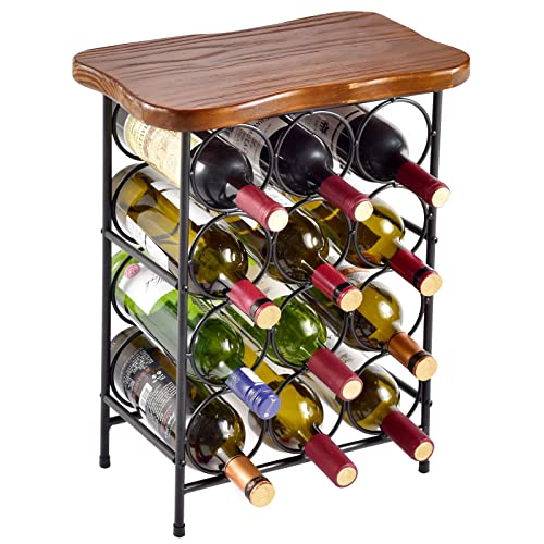 JOLLYMER Metal Wine Rack End Table, Freestanding Floor Bottles Organizer & Display Shelf with Solid Wood Table Top, Wine Storage Rack for Kitchen Dining Living Room, Holds 12