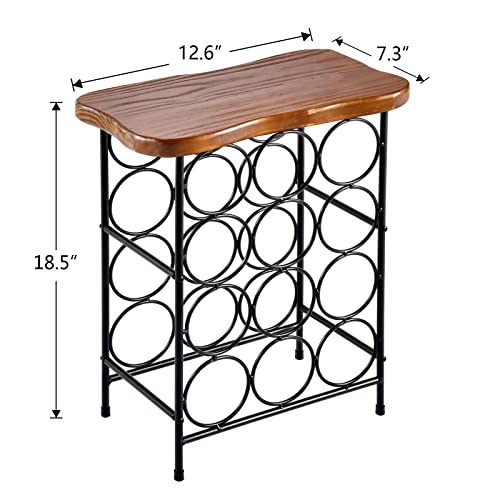 JOLLYMER Metal Wine Rack End Table, Freestanding Floor Bottles Organizer & Display Shelf with Solid Wood Table Top, Wine Storage Rack for Kitchen Dining Living Room, Holds 12