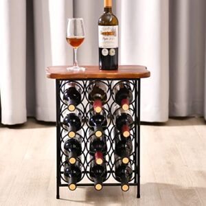 JOLLYMER Metal Wine Rack End Table, Freestanding Floor Bottles Organizer & Display Shelf with Solid Wood Table Top, Wine Storage Rack for Kitchen Dining Living Room, Holds 12