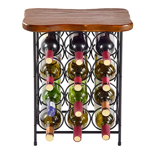 JOLLYMER Metal Wine Rack End Table, Freestanding Floor Bottles Organizer & Display Shelf with Solid Wood Table Top, Wine Storage Rack for Kitchen Dining Living Room, Holds 12