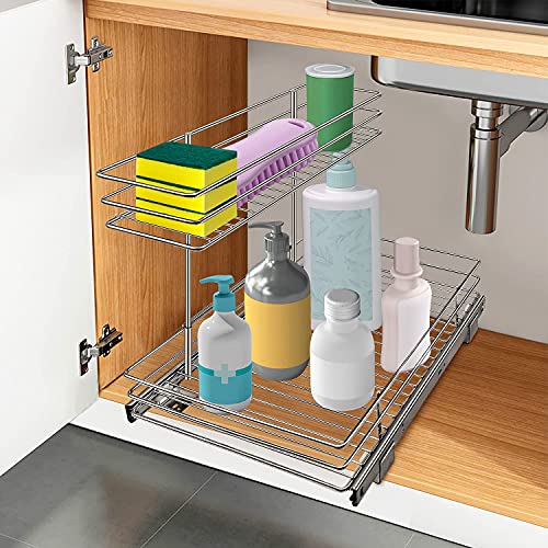 Pot Rack Organizers & Pull Out Cabinet Organizer, Adjustable Pots and Pans Organizer with 3 DIY Methods for Kitchen Organization, 12.6W x 16.53D x 12.99H Under Sink Slide Out Storage Shelf(2 Pack)