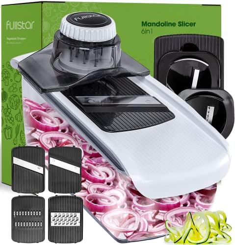 Fullstar 6-in-1 Mandoline Slicer For Kitchen, Cheese Grater, Vegetable Spiralizer and Veggie Slicer for Cooking & Meal Prep (Kitchen Gadgets Organizer & Safety Glove Included)