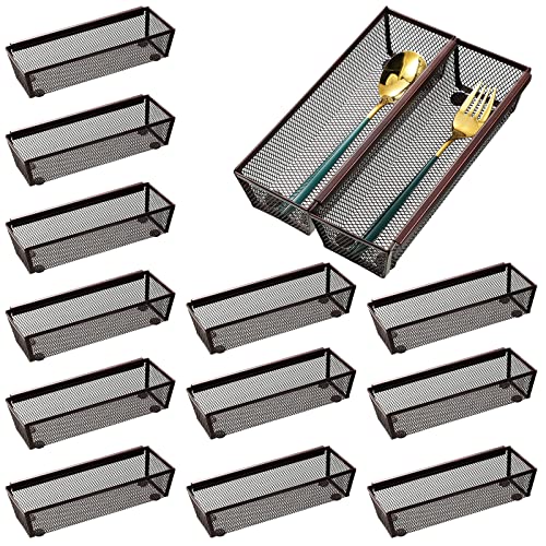 12 Set Mesh Drawer Organizer Steel Drawer Cabinet Metal Utensil Organizer Silverware Holder Cutlery Flatware Utensil Storage for Kitchen Office School Desktop, 9 x 3 x 2 Inches, Brown