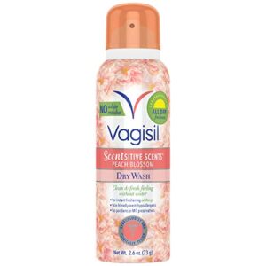 vagisil scentsitive scents feminine dry wash deodorant spray for women, gynecologist tested, paraben free, peach blossom, 2.6 ounce (pack of 1)