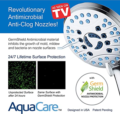 AquaCare High Pressure 8-mode Handheld Shower Head - Anti-clog Nozzles, Built-in Power Wash to Clean Tub, Tile & Pets, Extra Long 6 ft. Stainless Steel Hose, Wall & Overhead Brackets