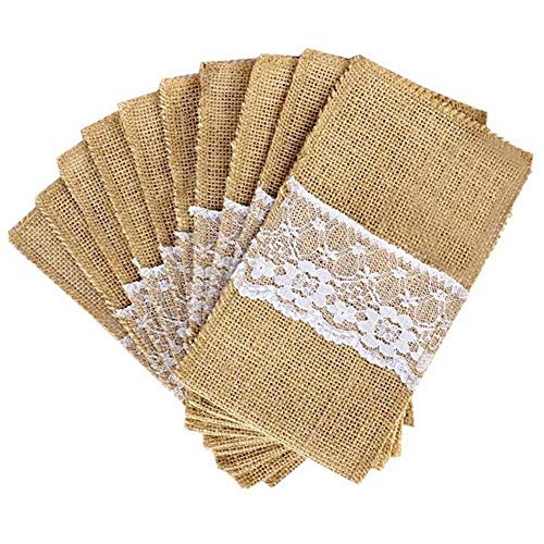 KAISIDA 10PCS Lace Utensil Pouch Knifes Forks Bag Burlap Cutlery Holders for Vintage Natural Wedding (4x8inch)