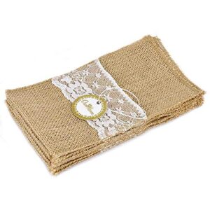 KAISIDA 10PCS Lace Utensil Pouch Knifes Forks Bag Burlap Cutlery Holders for Vintage Natural Wedding (4x8inch)