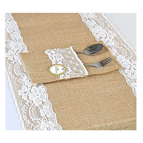 KAISIDA 10PCS Lace Utensil Pouch Knifes Forks Bag Burlap Cutlery Holders for Vintage Natural Wedding (4x8inch)