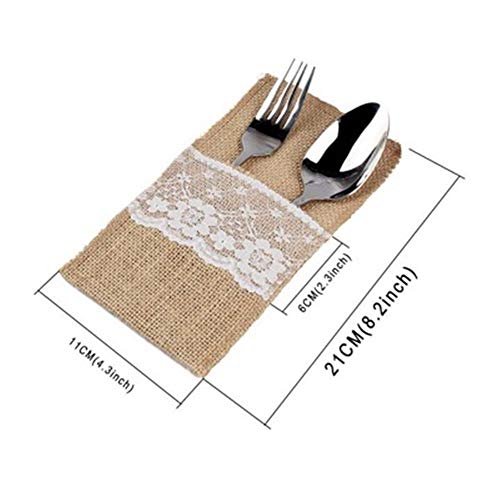 KAISIDA 10PCS Lace Utensil Pouch Knifes Forks Bag Burlap Cutlery Holders for Vintage Natural Wedding (4x8inch)