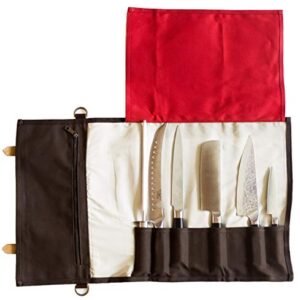 Chef's Knife Roll Bag | Extra Thick, Heavy Duty, Durable Waxed Canvas w/Cotton Liner | Stores 8 Knives plus Zipper Pocket | Portable Chef Knife Case with Leather Shoulder Strap | Knives Not Included