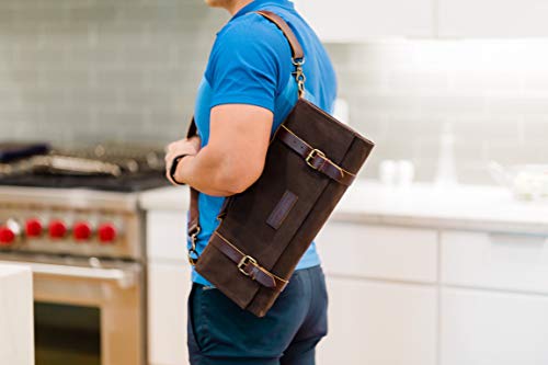 Chef's Knife Roll Bag | Extra Thick, Heavy Duty, Durable Waxed Canvas w/Cotton Liner | Stores 8 Knives plus Zipper Pocket | Portable Chef Knife Case with Leather Shoulder Strap | Knives Not Included