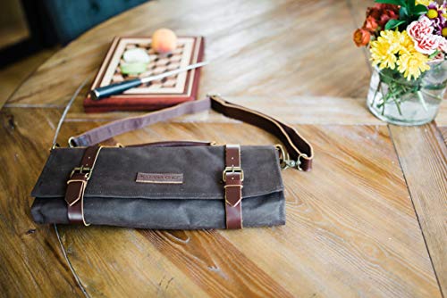 Chef's Knife Roll Bag | Extra Thick, Heavy Duty, Durable Waxed Canvas w/Cotton Liner | Stores 8 Knives plus Zipper Pocket | Portable Chef Knife Case with Leather Shoulder Strap | Knives Not Included