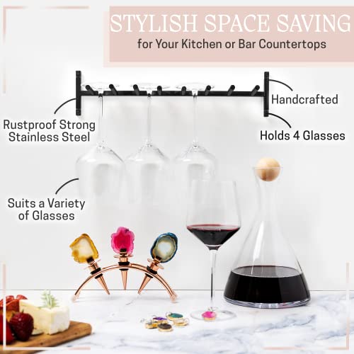 Wine Glass Rack, Wall Mounted Wine Glass Rack, Under Cabinet Stemware Rack for Kitchen, Wine Glass Holder Glasses Storage Hanger Copper Hanging 4 Wine Glasses with Class by Wanda Living - Black