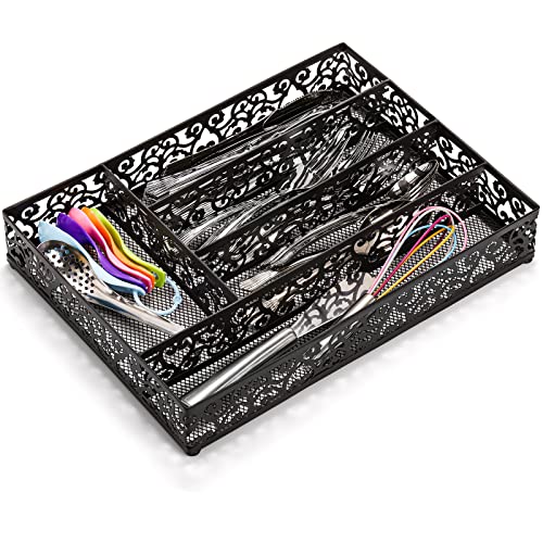 Coloch Metal Utensil Drawer Organizer with 5 Compartments , Black Flatware Storage Organizer Mesh Wire Silverware Tray with Foam Sheet for Knives, Spoons, Forks, Kitchenware