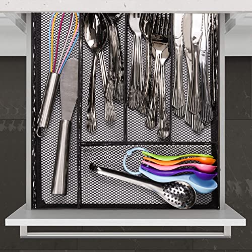 Coloch Metal Utensil Drawer Organizer with 5 Compartments , Black Flatware Storage Organizer Mesh Wire Silverware Tray with Foam Sheet for Knives, Spoons, Forks, Kitchenware