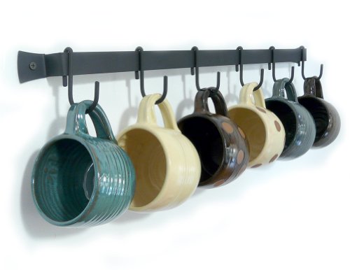 Wall-Mounted Wrought Iron Mug Rack, 24" with 6 Cup Hooks, Made in USA