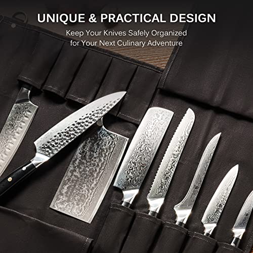 KYOKU Chef Knife Roll Bag, Kitchen Knife and Utensil Holder with 10 Slots 3 Cutlery Holders for Chef Knife Set, Oiled Leather and Waxed Canvas Knife Roll Up Travel Bag with Adjustable Strap, Black