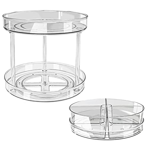 Aconfei Lazy Susan Organizers, 10.7 Inch 2 Tier Lazy Susan Turntable and 1 Tier 9.05Inch Lazy Susan Turntable with 4 Removable Bins, 360 Degree Rotating Spice Racks for Cabinet, Pantry and Kitchen